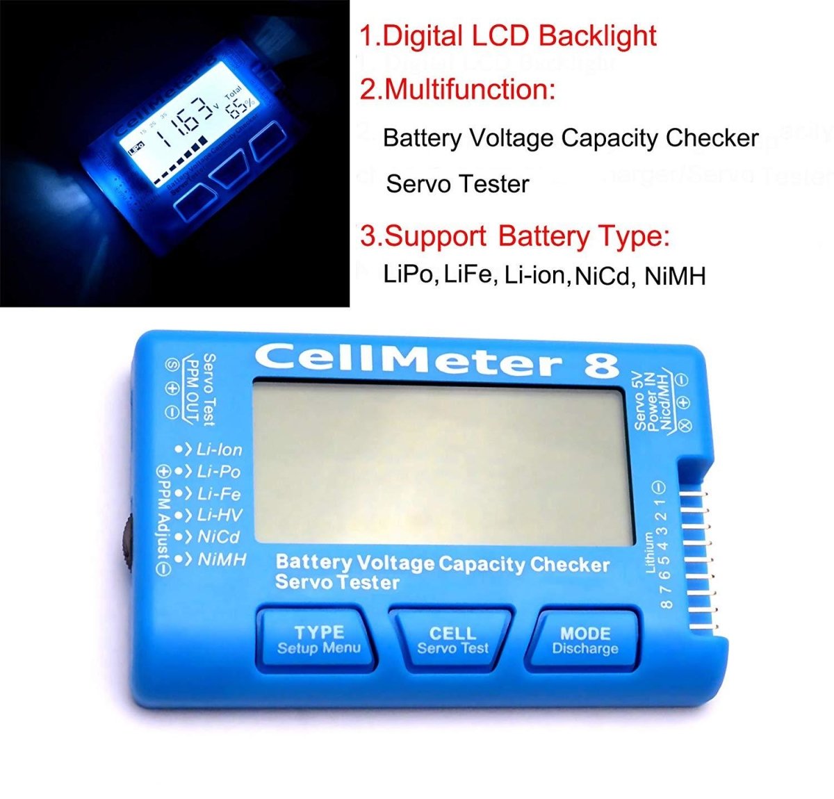 Cell Meter 8 Digital Battery Capacity Checker Servo Tester – Hobbymate ...